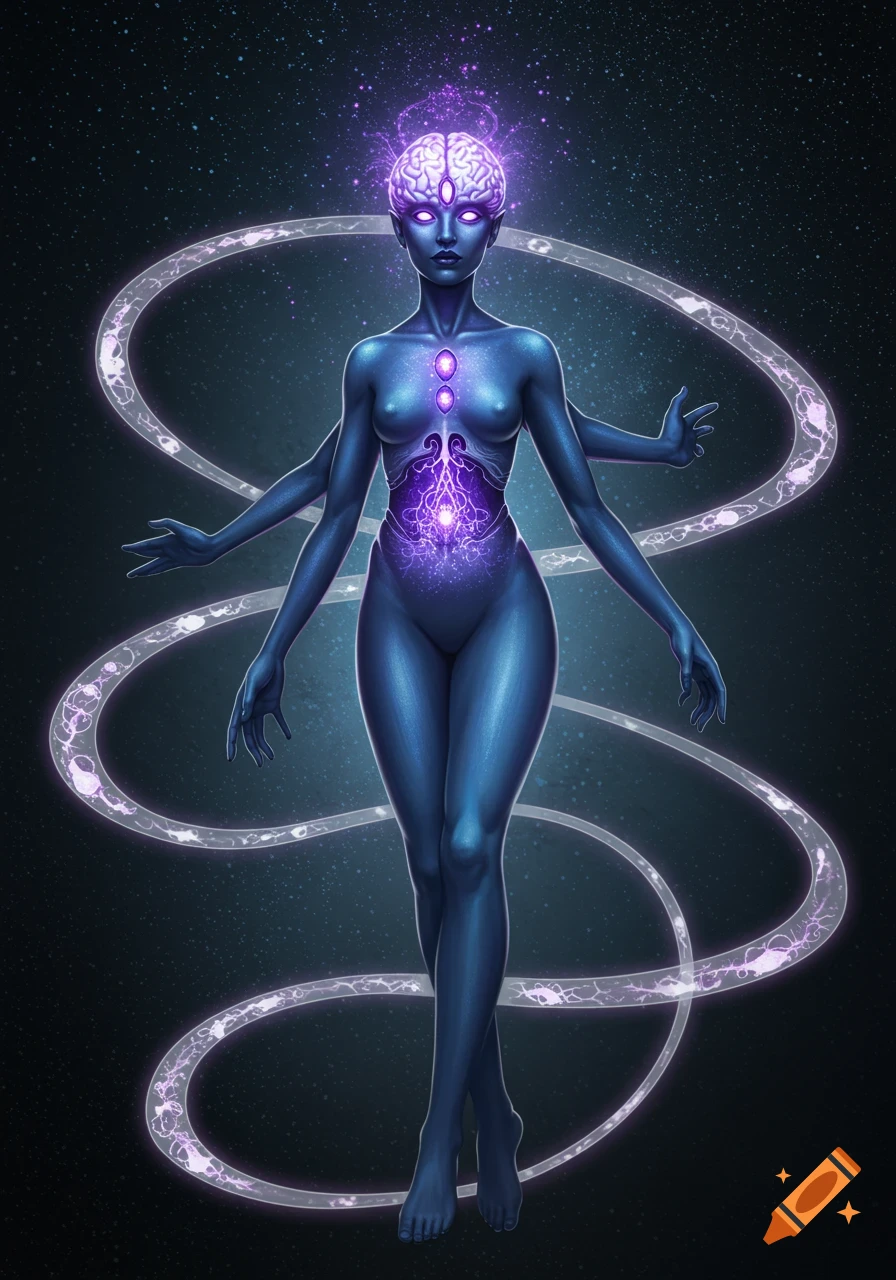 A blue-skinned alien-like being with an exposed glowing brain, three eyes, and four arms ...