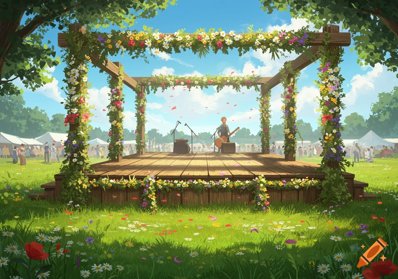 A vibrant outdoor music festival stage decorated with wildflowers ...