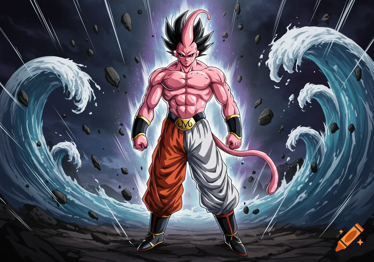 A pink-skinned anime fusion of Goku and Majin Buu stands powerfully ...