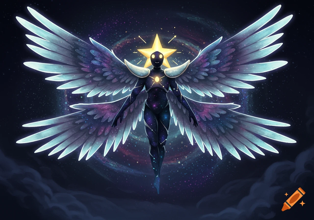 An armored futuristic knight with golden wings stands on a cliff ...