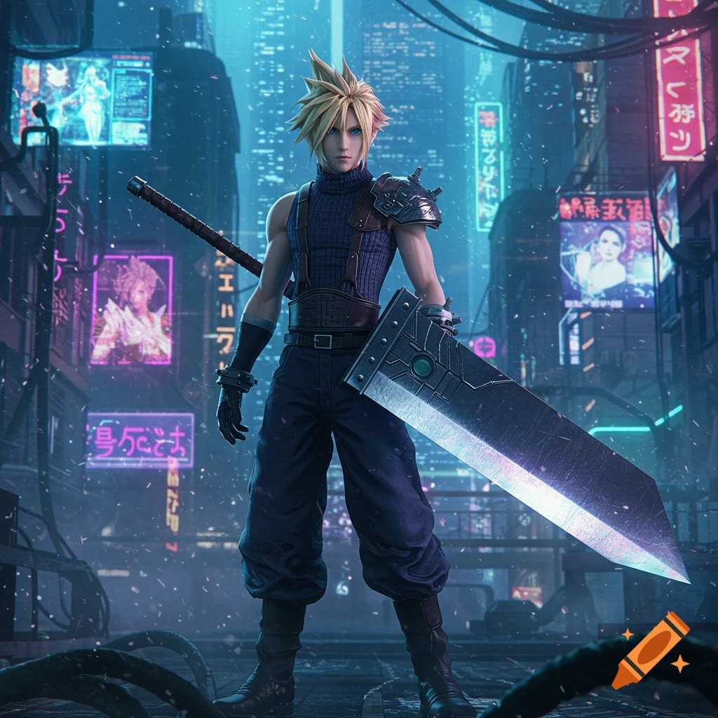8-bit pixel art sprite of Cloud Strife from Final Fantasy VII, holding ...