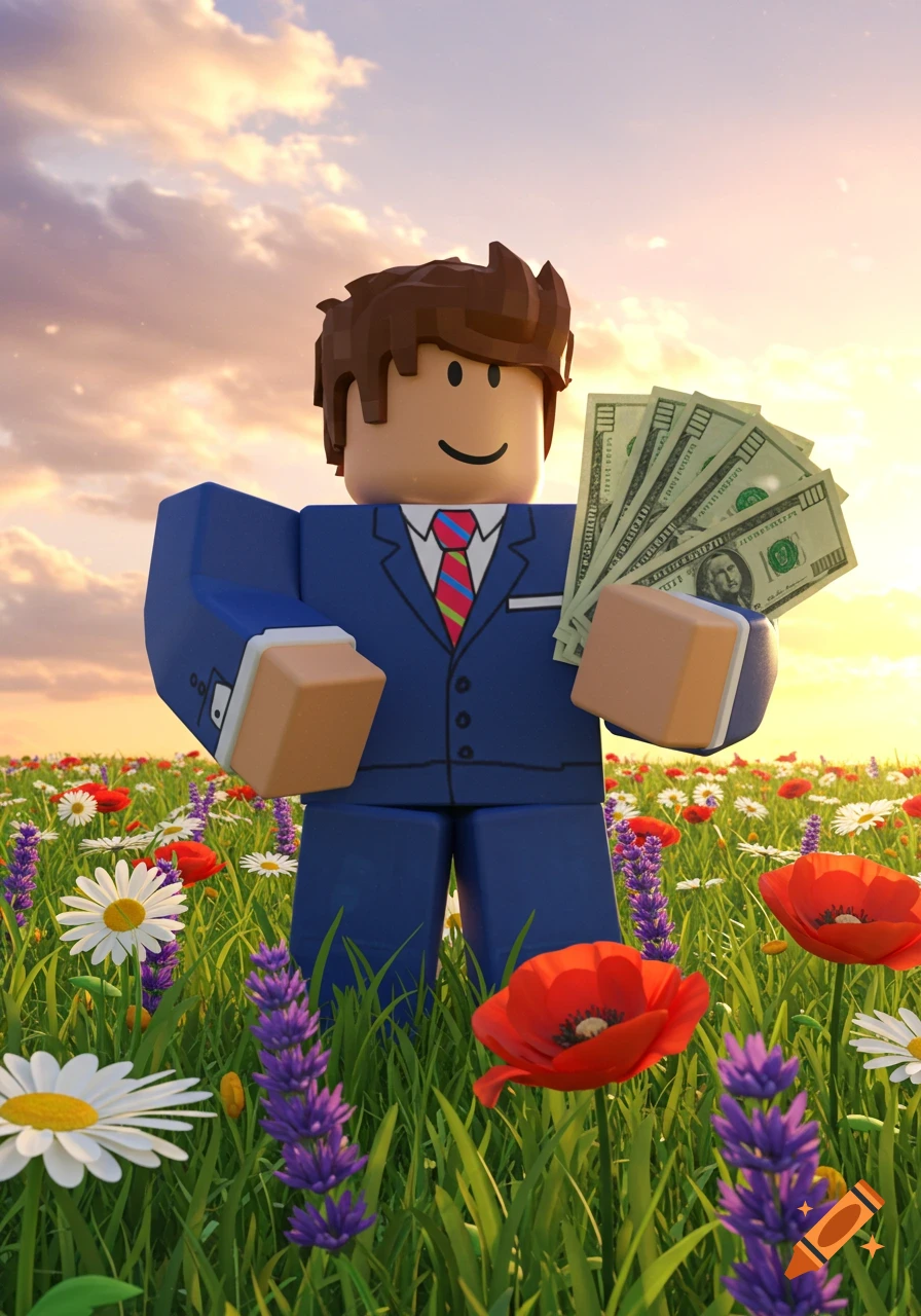 A Roblox character in a blue suit holds a fan of money while standing ...