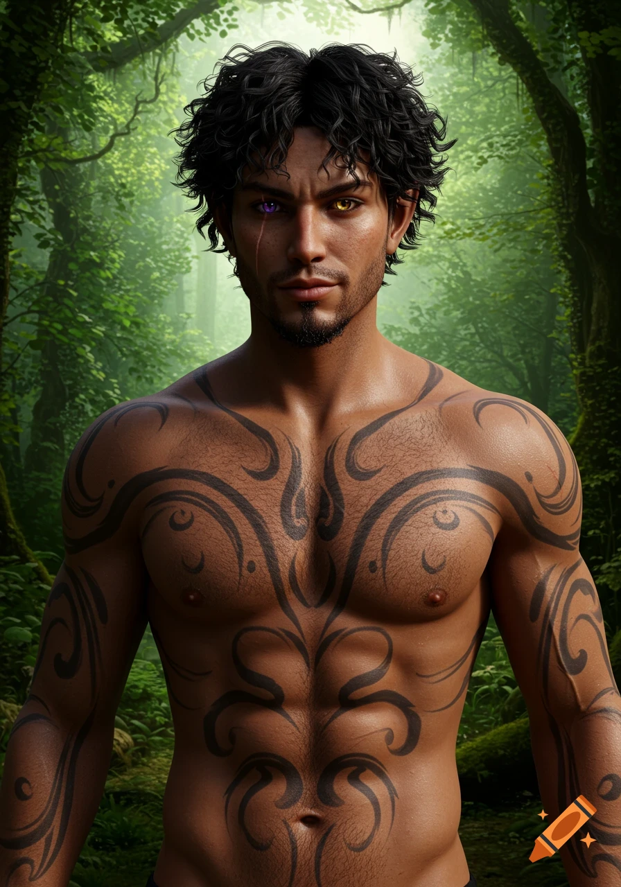 A powerful, dark-haired woman with green eyes embraces a gaunt, dirty man in a lush jungle ...