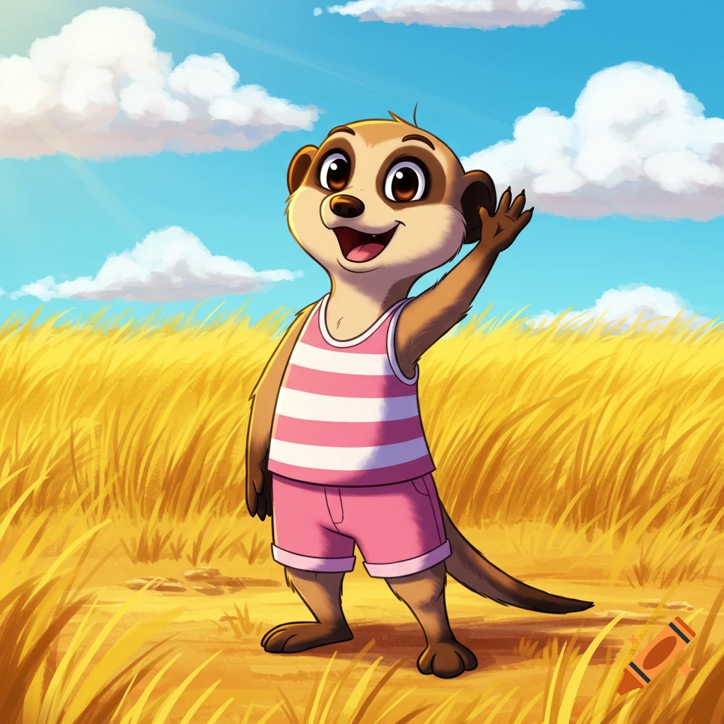 A cartoon meerkat in a pink and white striped tank top and pink shorts ...