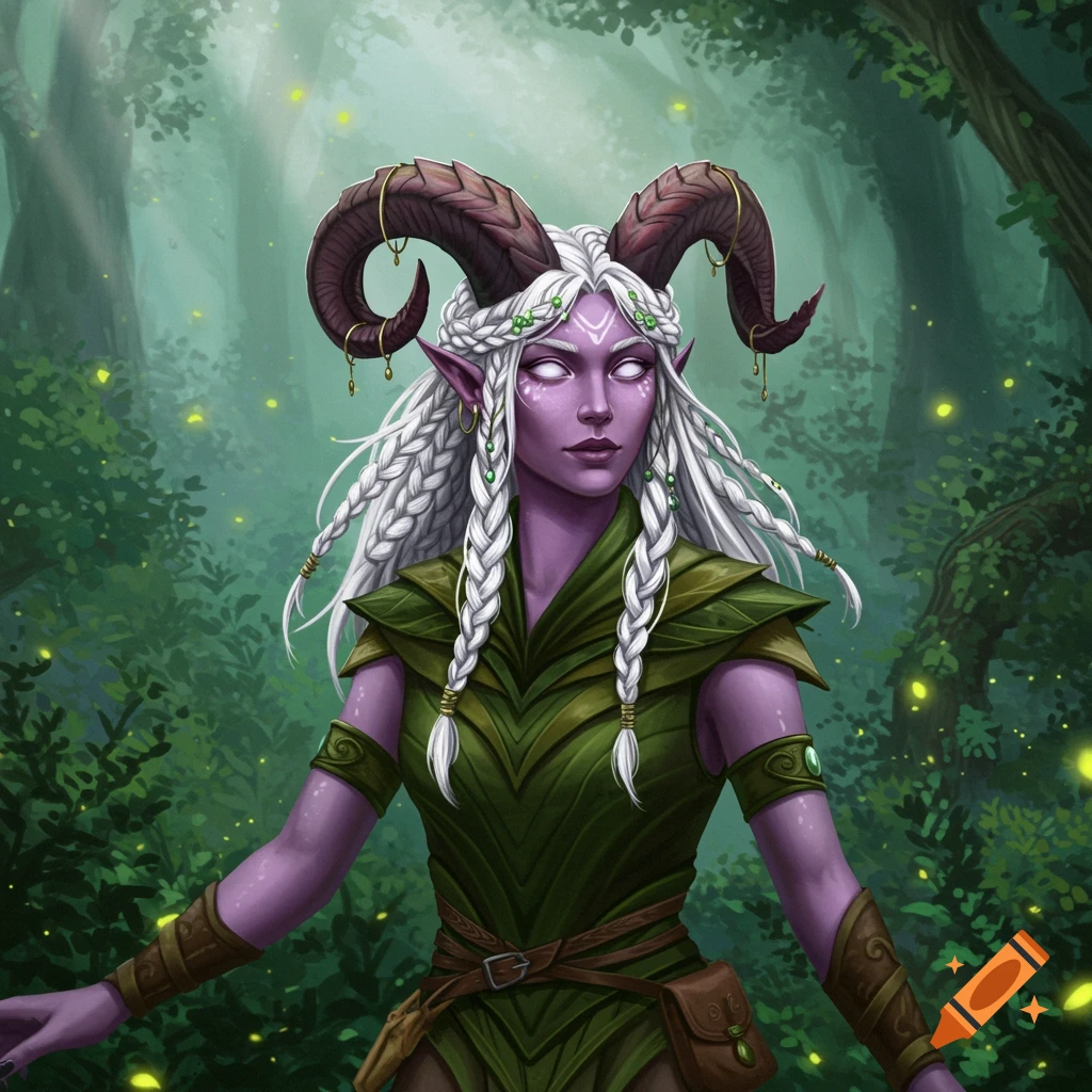 A purple-skinned female fantasy character with large brown horns, long ...