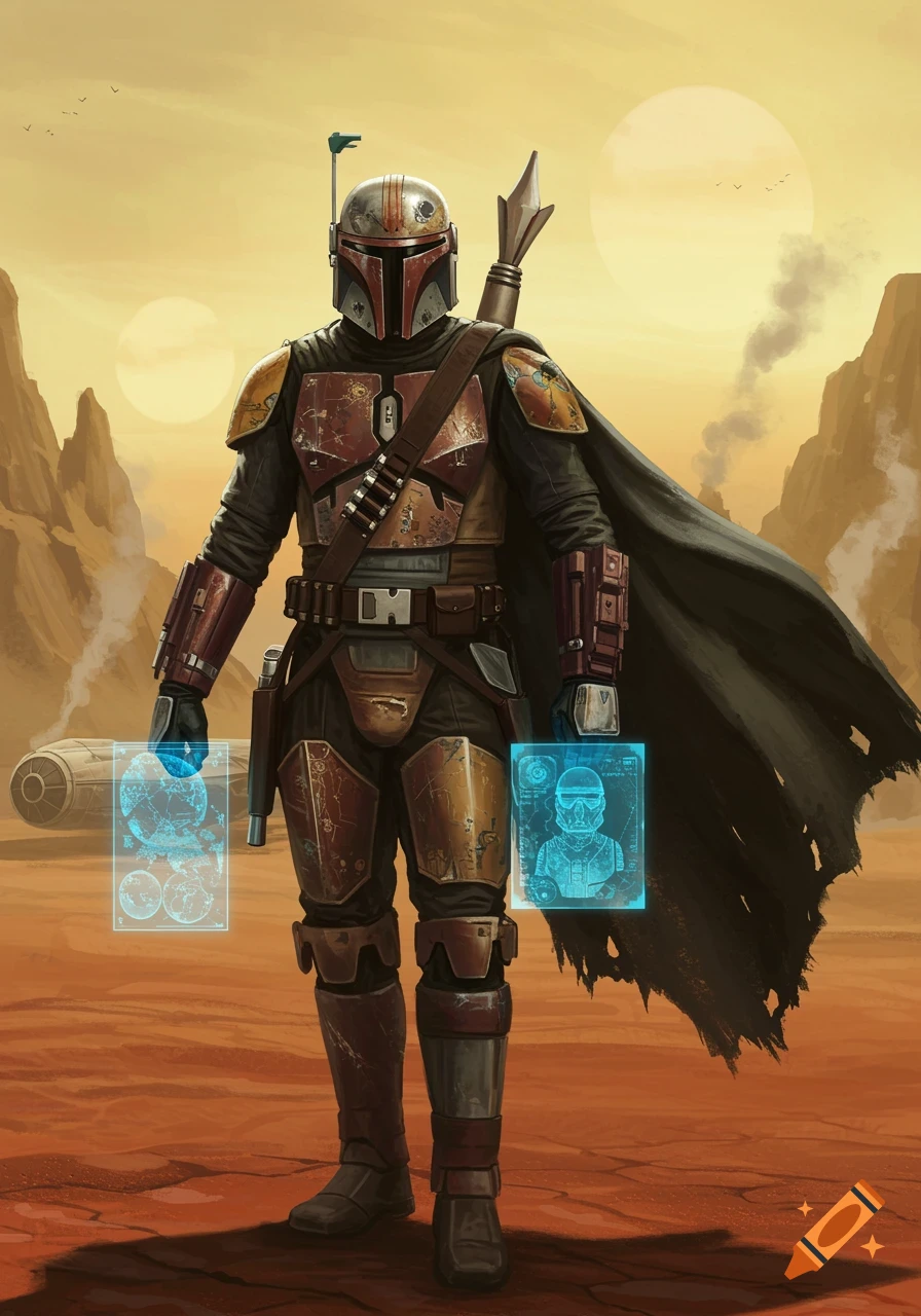 A battle-worn Star Wars bounty hunter in full armor stands in a desert ...