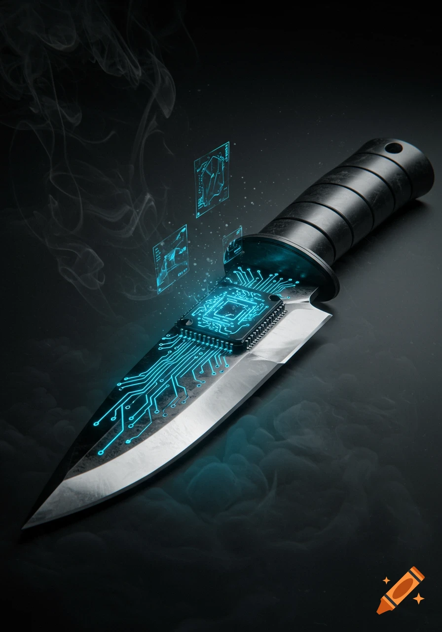 A black knife with glowing purple lightning patterns on its blade ...