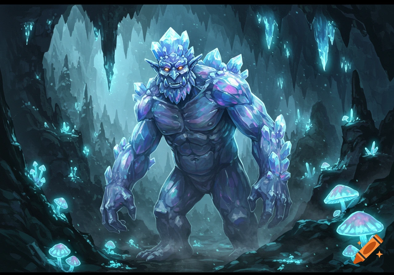 A large grey rock monster covered in vines stands next to a smaller ...