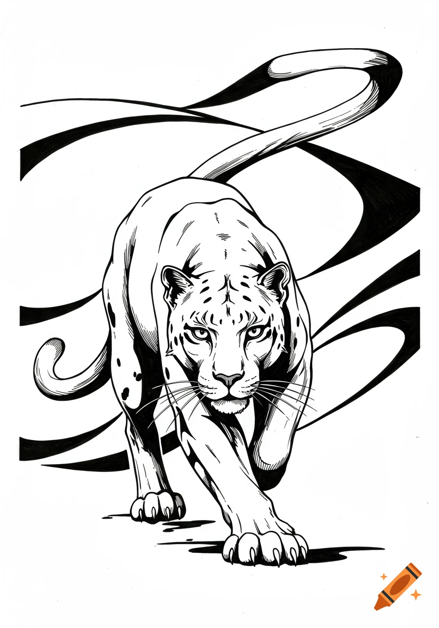 A black and white pen and ink drawing of a panther in a crouching pose ...