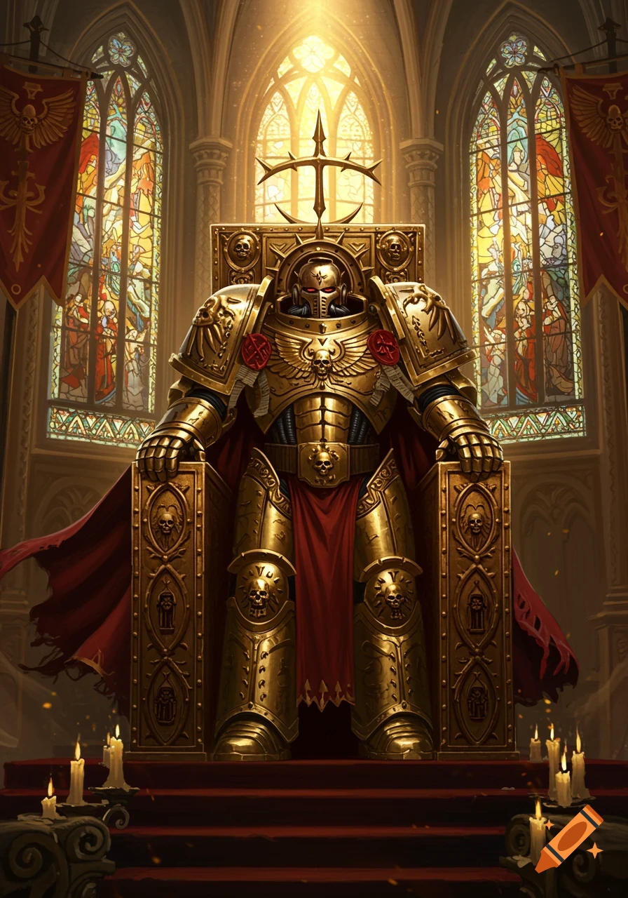 A knight in ornate crimson armor with a plumed helmet stands in a grand ...