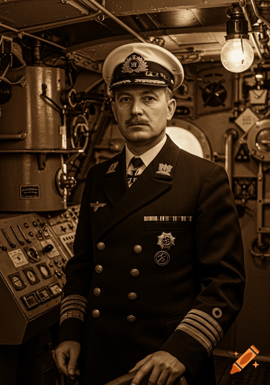 Sepia-toned portrait of a German submarine captain in uniform, standing inside a submarine ...
