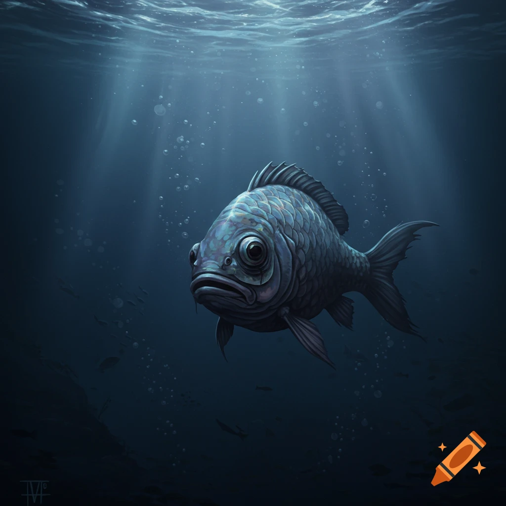 A pink blobfish with a human foot as its tail, swimming in deep blue ...