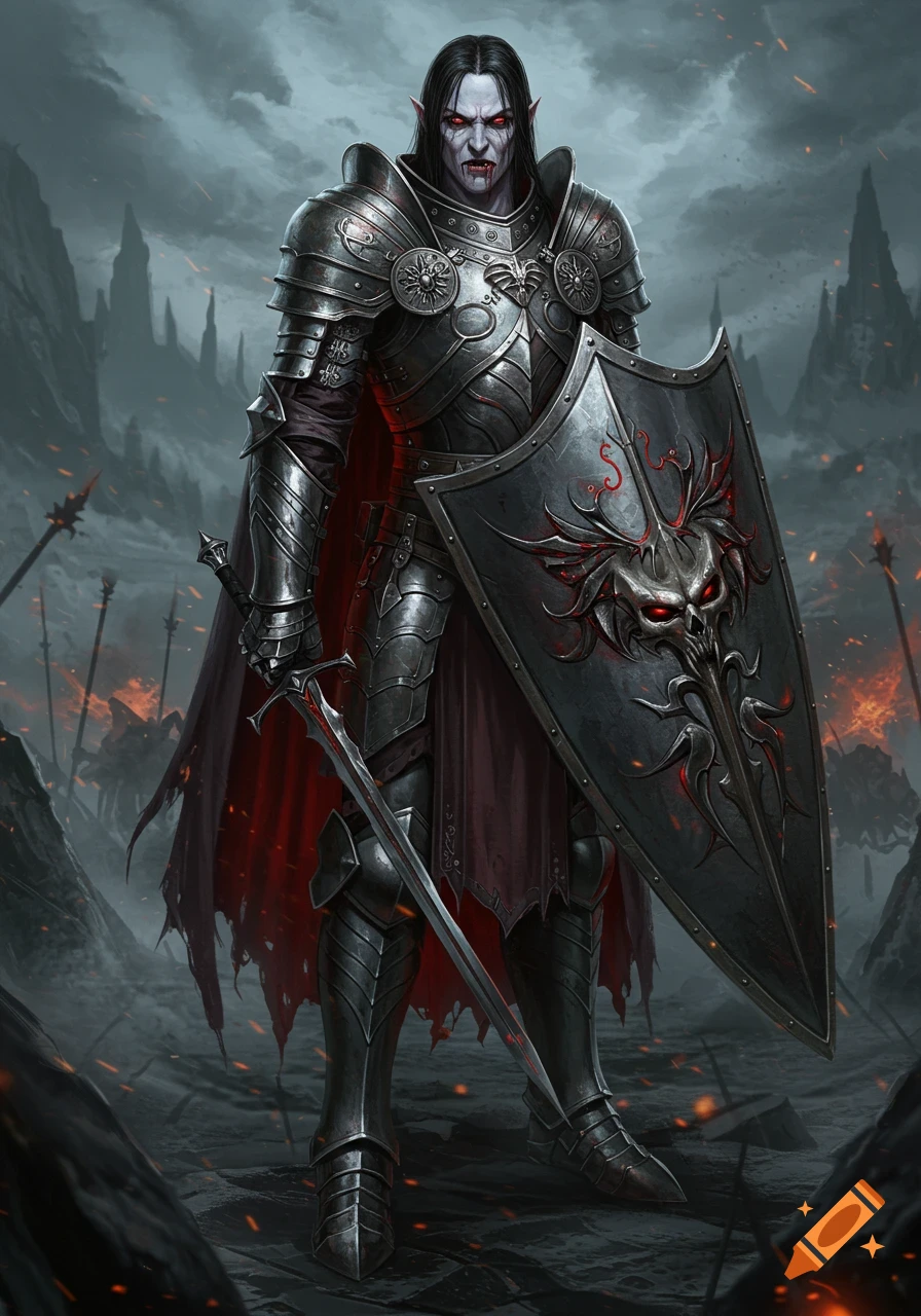 A formidable skull knight in dark armor with a sword and shield stands ...