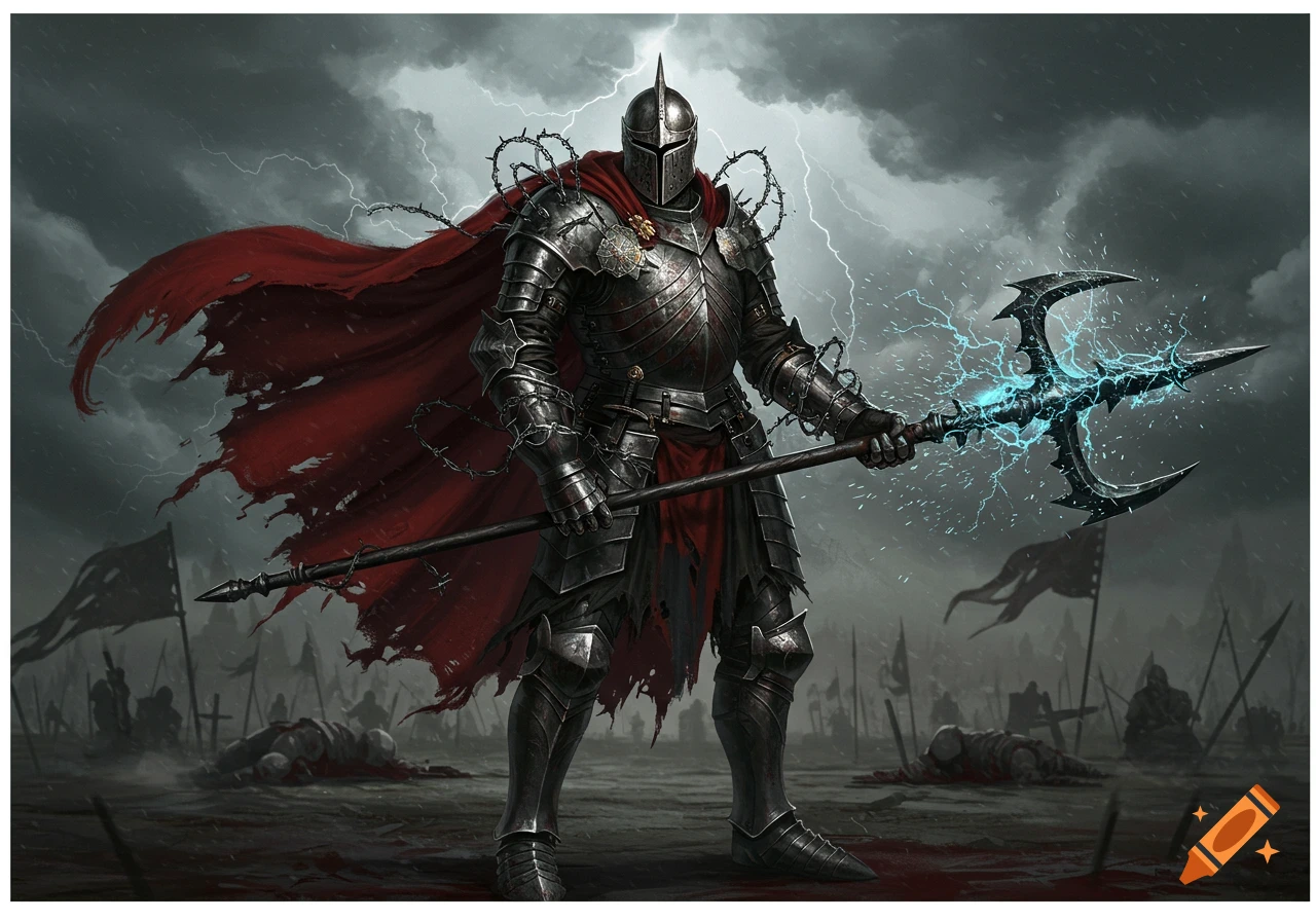 A dark knight in elaborate armor with a ragged red cape and barbed wire ...