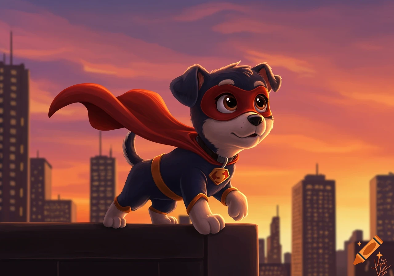 Cartoon dogs in secret agent suits sit on a rooftop overlooking a city ...