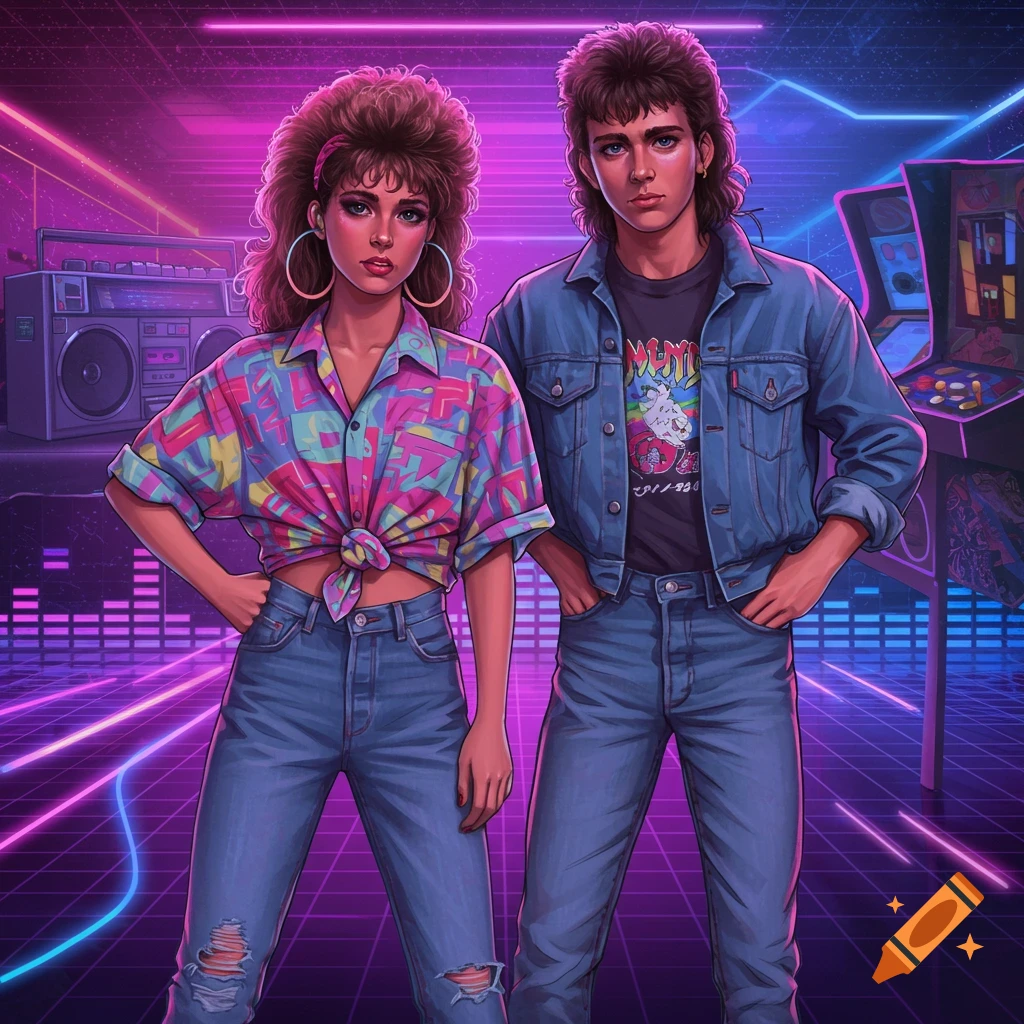 Two young people in 80s fashion pose in a neon synthwave setting with a boombox and arcade ...