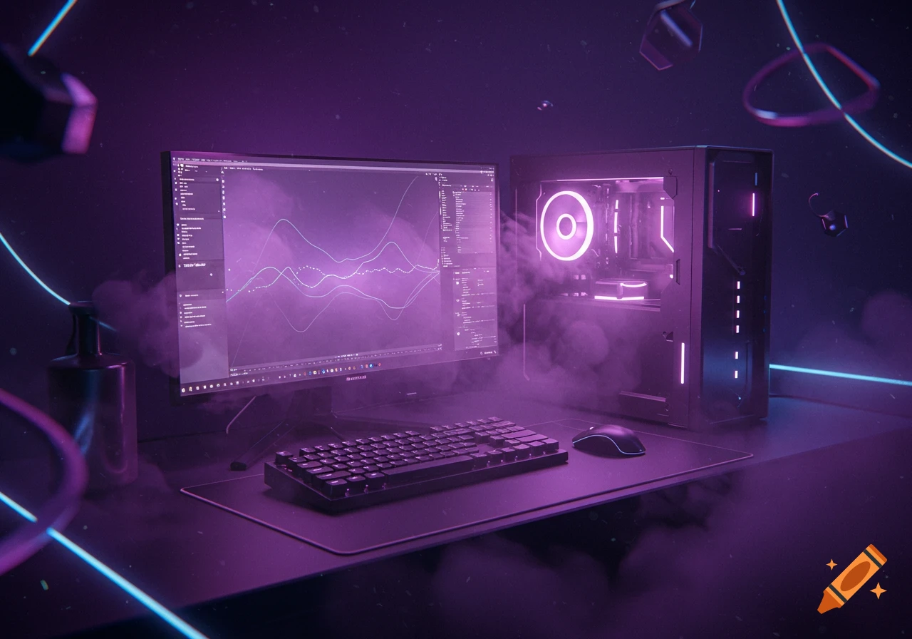 A purple-lit gaming setup with a monitor displaying graphs, a keyboard, and a mouse on a desk ...