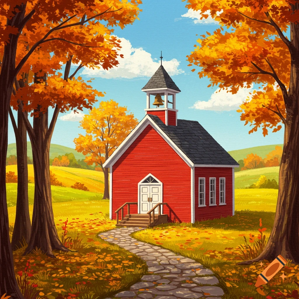 A large brick school building with a clock tower and a red flag under a ...