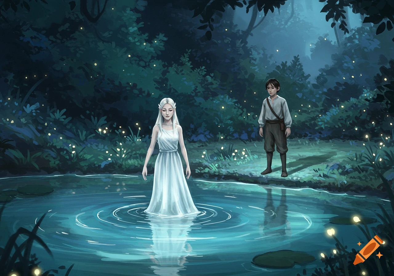 An elf-like maiden in a white dress stands in a glowing forest pond ...