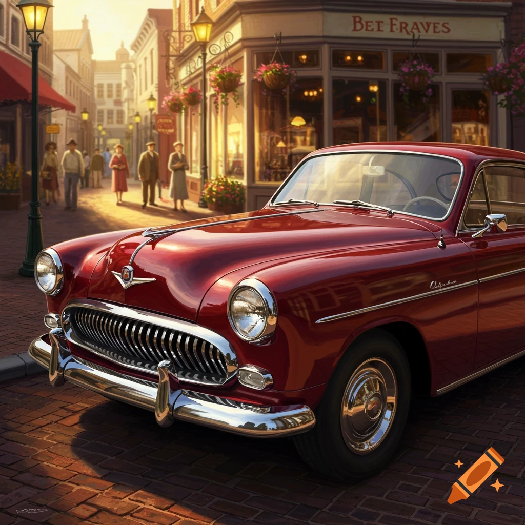 A dark blue vintage car parked on a cobblestone street in a European ...