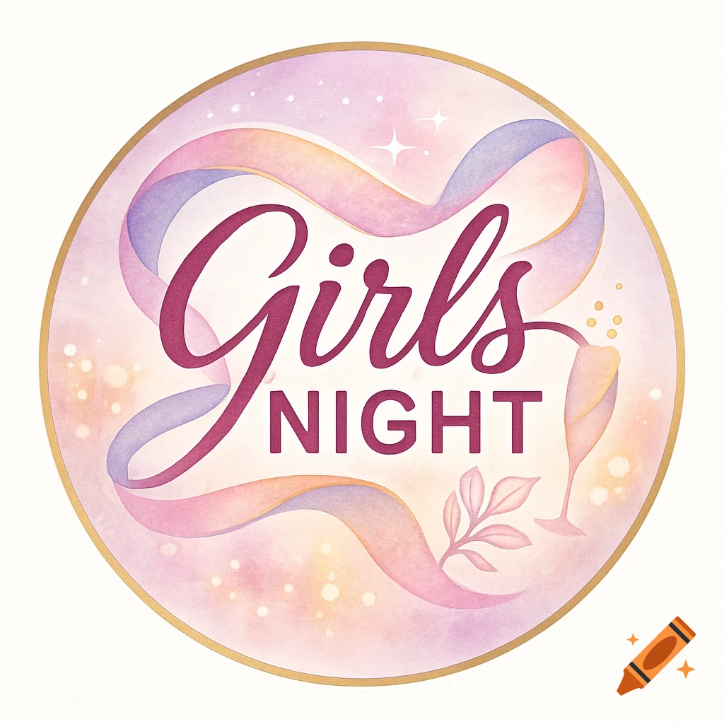 Watercolor Girls Night logo with a champagne flute and ribbon design in ...