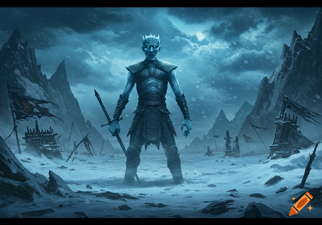 A gnarled winter tree with icicles stands in a snowy apocalypse ...