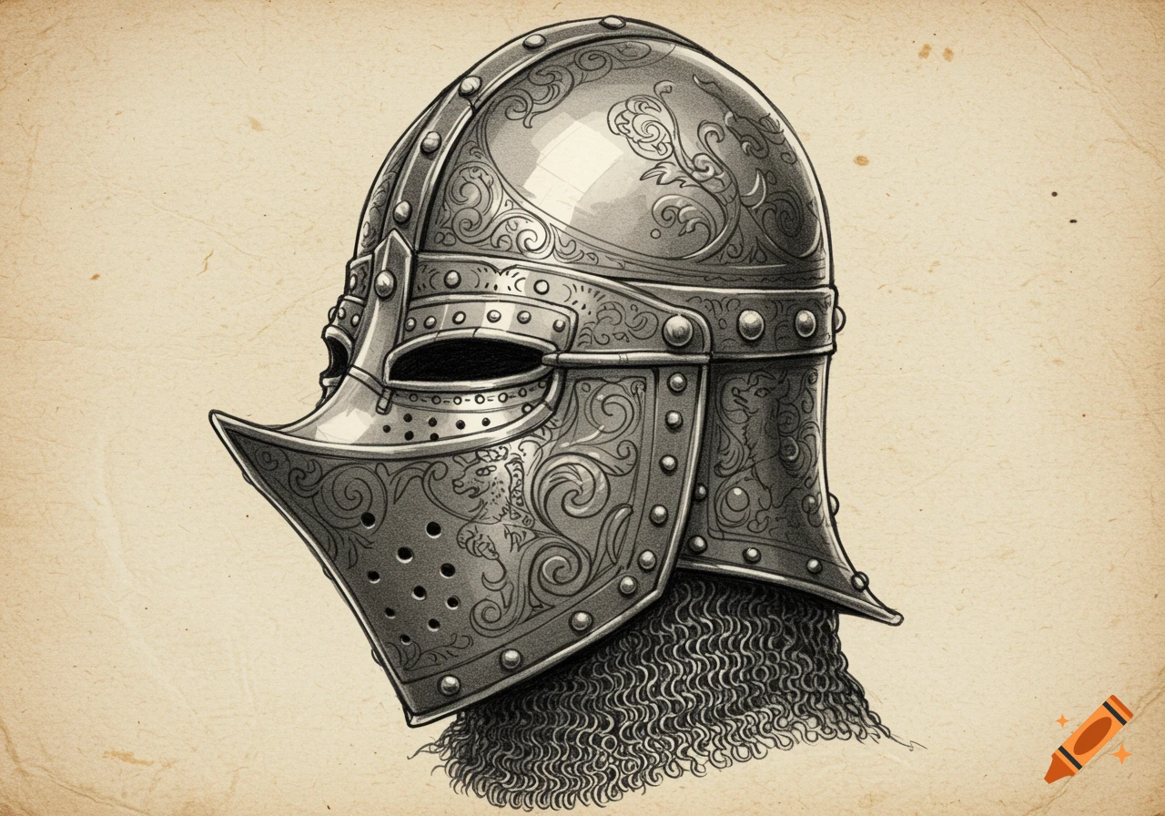 Detailed sketch of an ornate medieval knight's helmet and chainmail. on ...