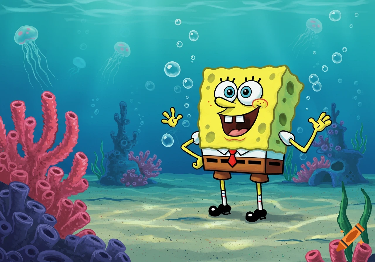 Spongebob Squarepants waves underwater on Craiyon
