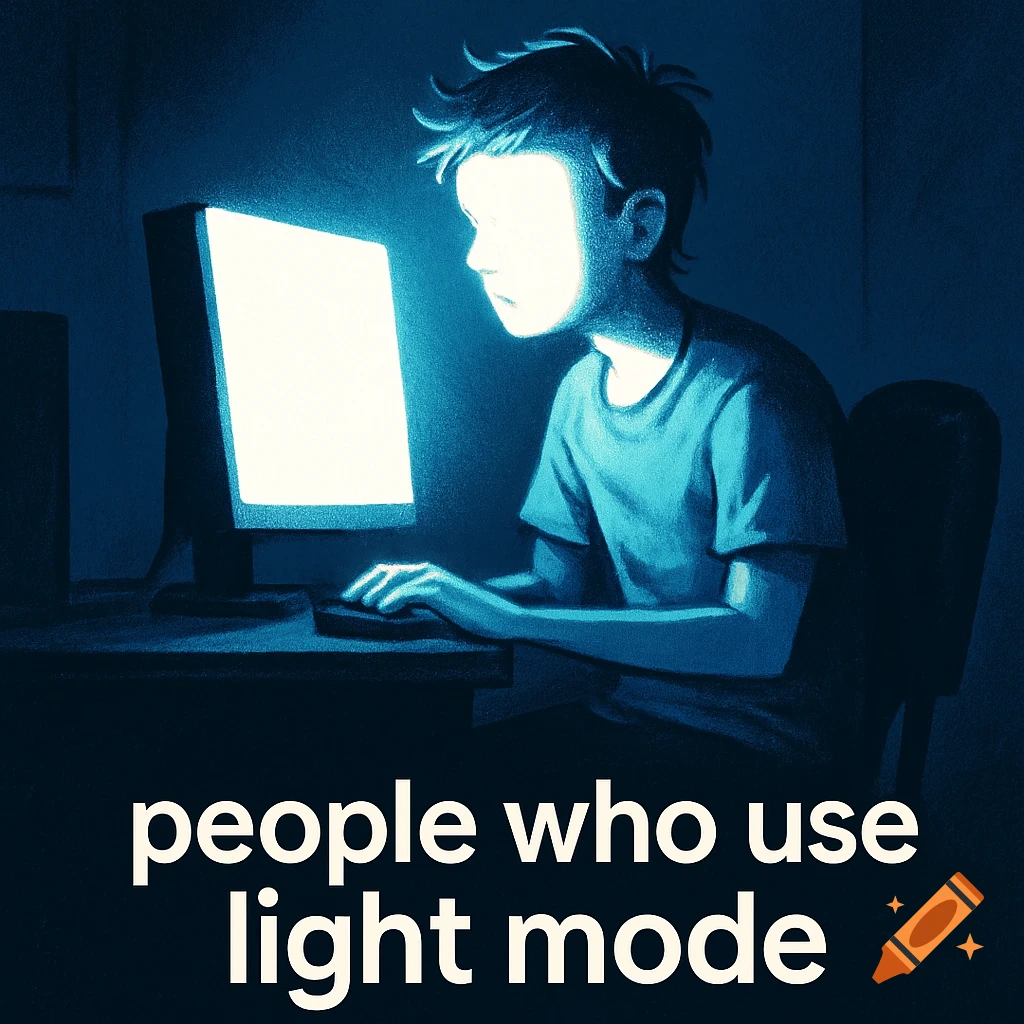 A gaunt person stares blankly at an old computer, next to a red sign ...