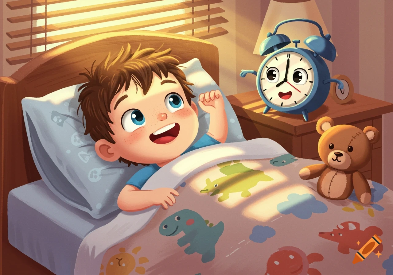 Cartoon baby with orange hair sings under a dark blue night sky filled ...