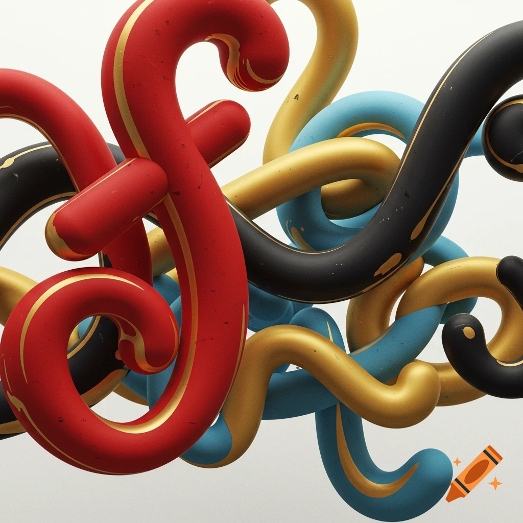 Close-up of intertwined abstract 3D shapes in red, gold, black, and ...