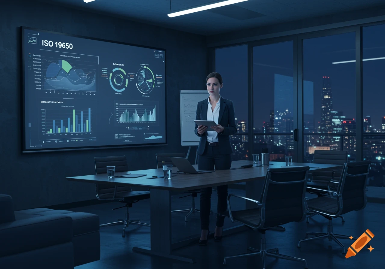 A woman in a suit presents in a modern conference room at night, with a ...