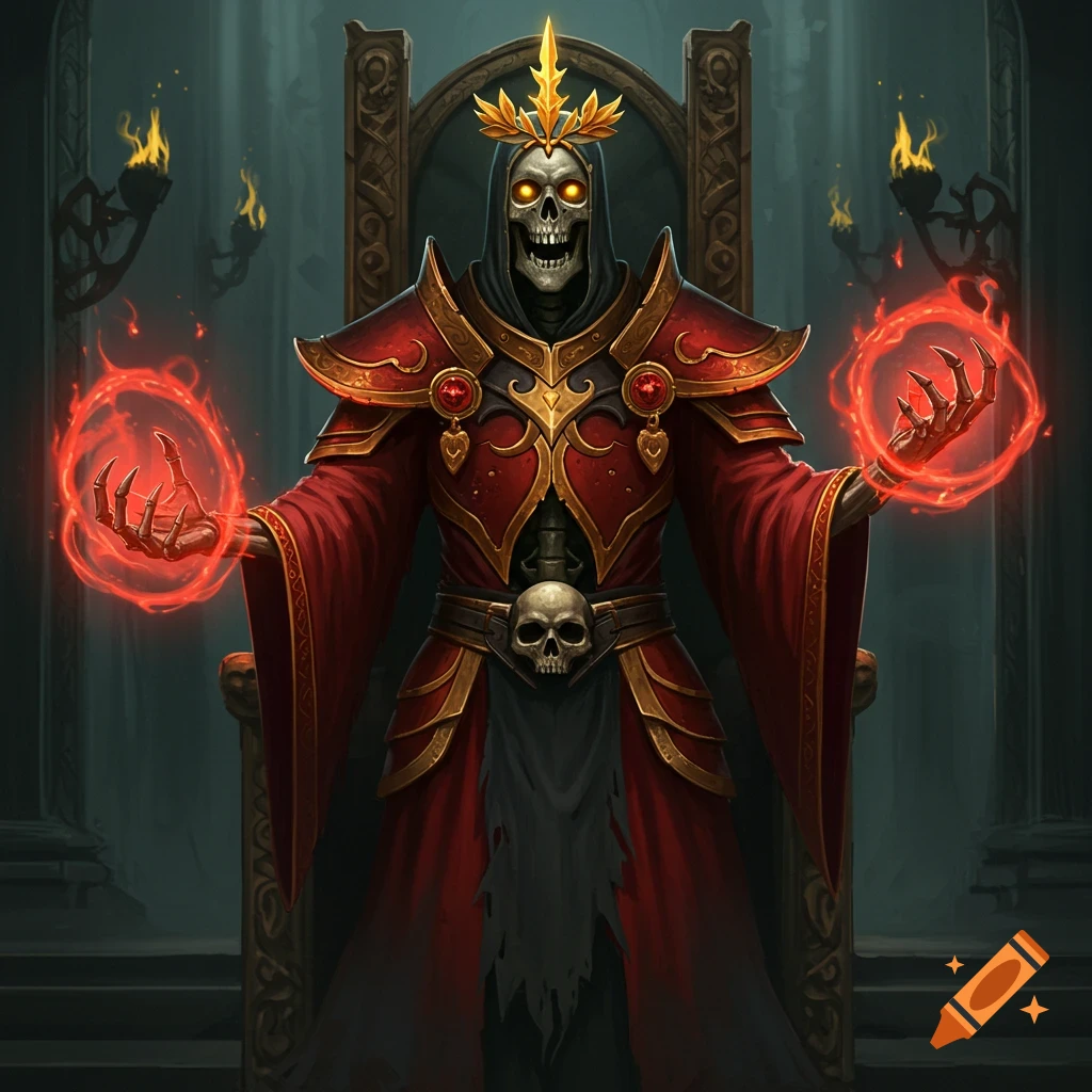 A skeleton lich in red and gold royal robes, with glowing yellow eyes ...