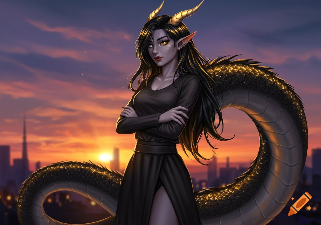 A dark-haired half-dragon woman with golden horns and a scaled tail ...