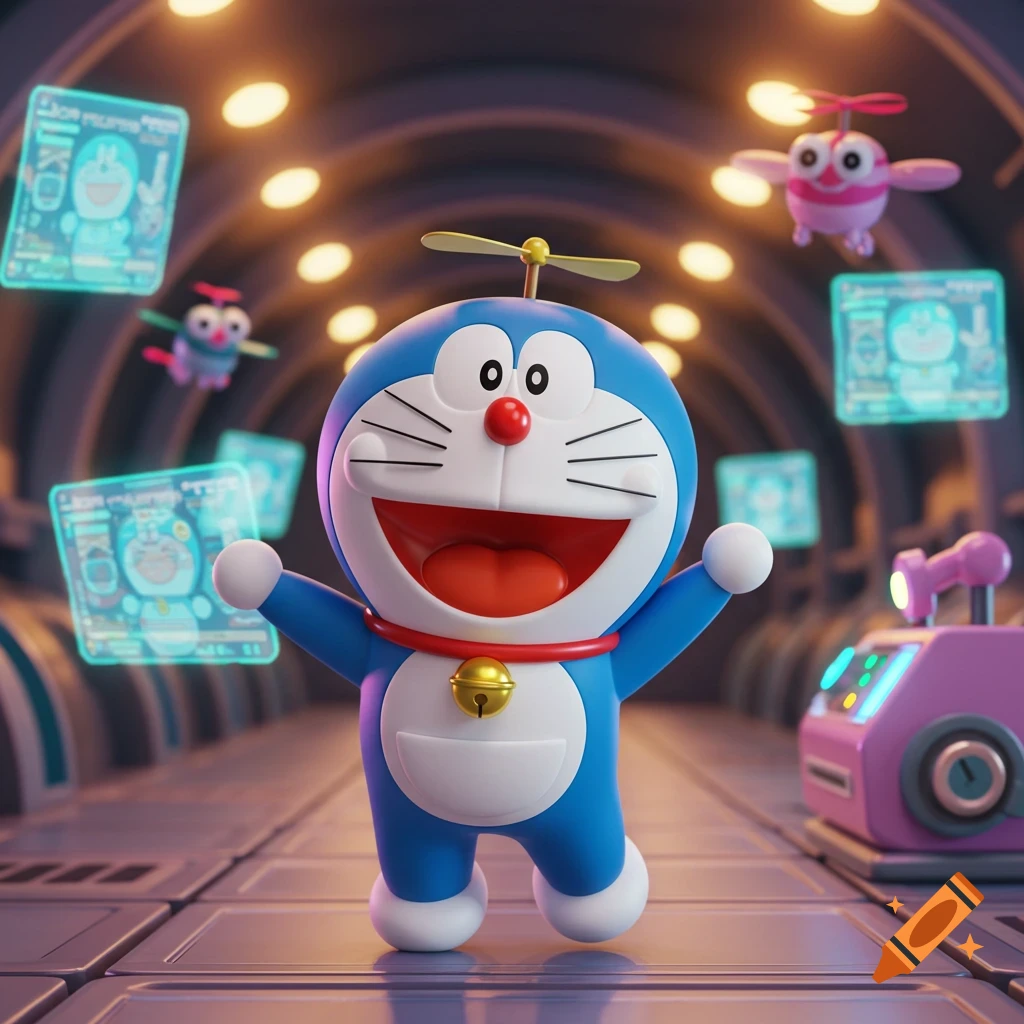 Doraemon smiles with arms outstretched in a futuristic corridor ...