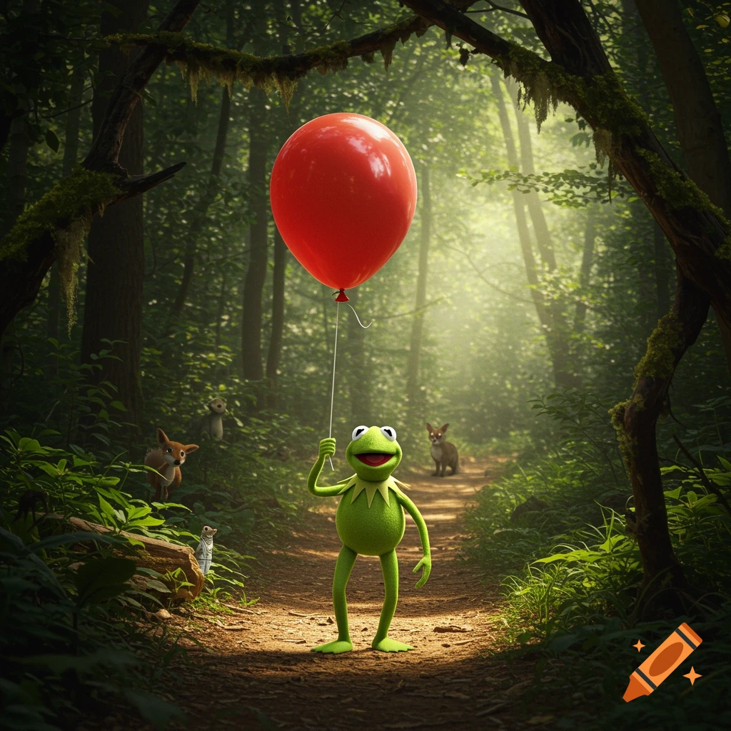 Kermit the Frog and Elmo running through a lush jungle while being ...