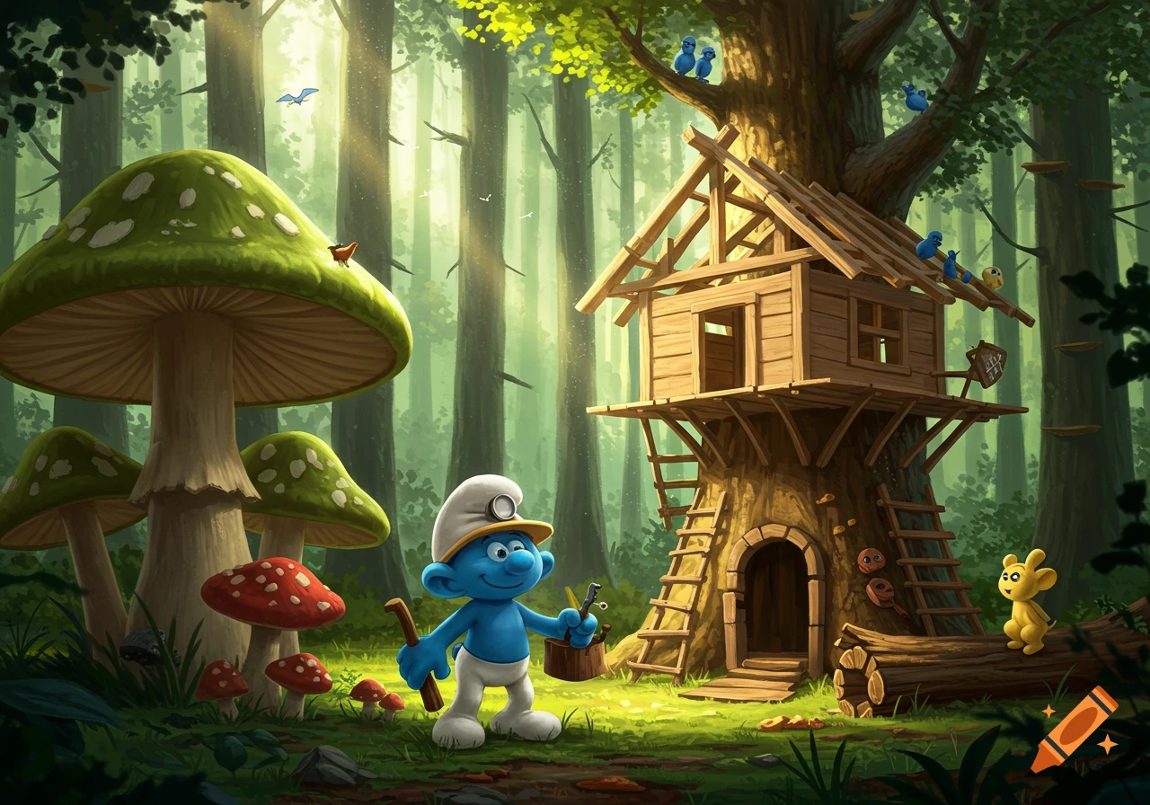 A blue Smurf character with a white hat and pants stands in a magical forest with glowing ...