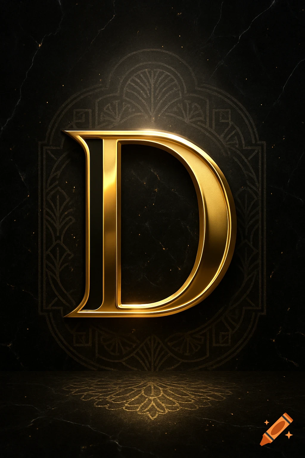 A bold, golden capital letter D stands against a dark, textured marble ...