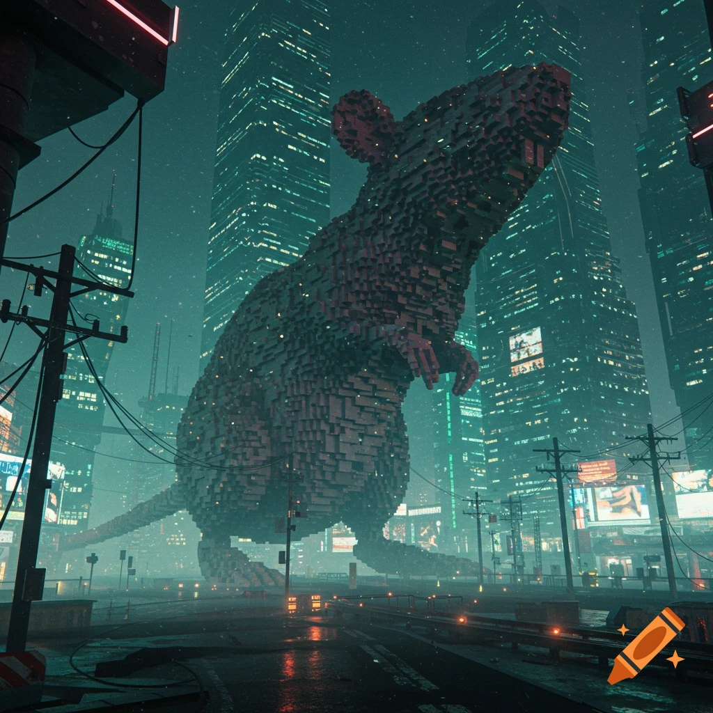 A colossal blocky rat stands in the middle of a futuristic, rainy city ...