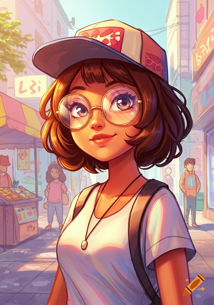 A cartoon girl with brown hair, glasses, and a cap smiles, looking forward, on a bustling city ...
