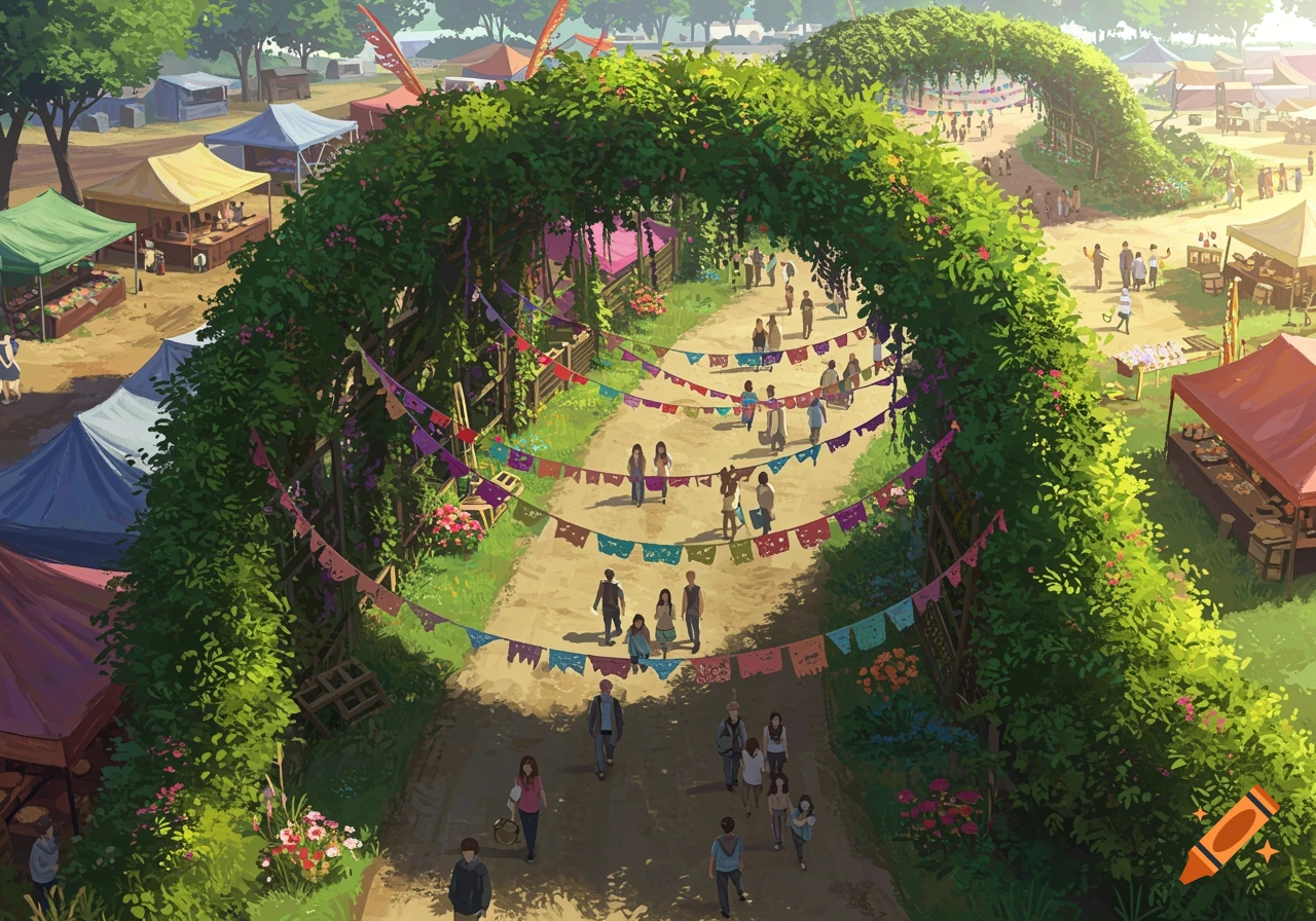 Aerial view of a vibrant outdoor festival path winding under a lush ...