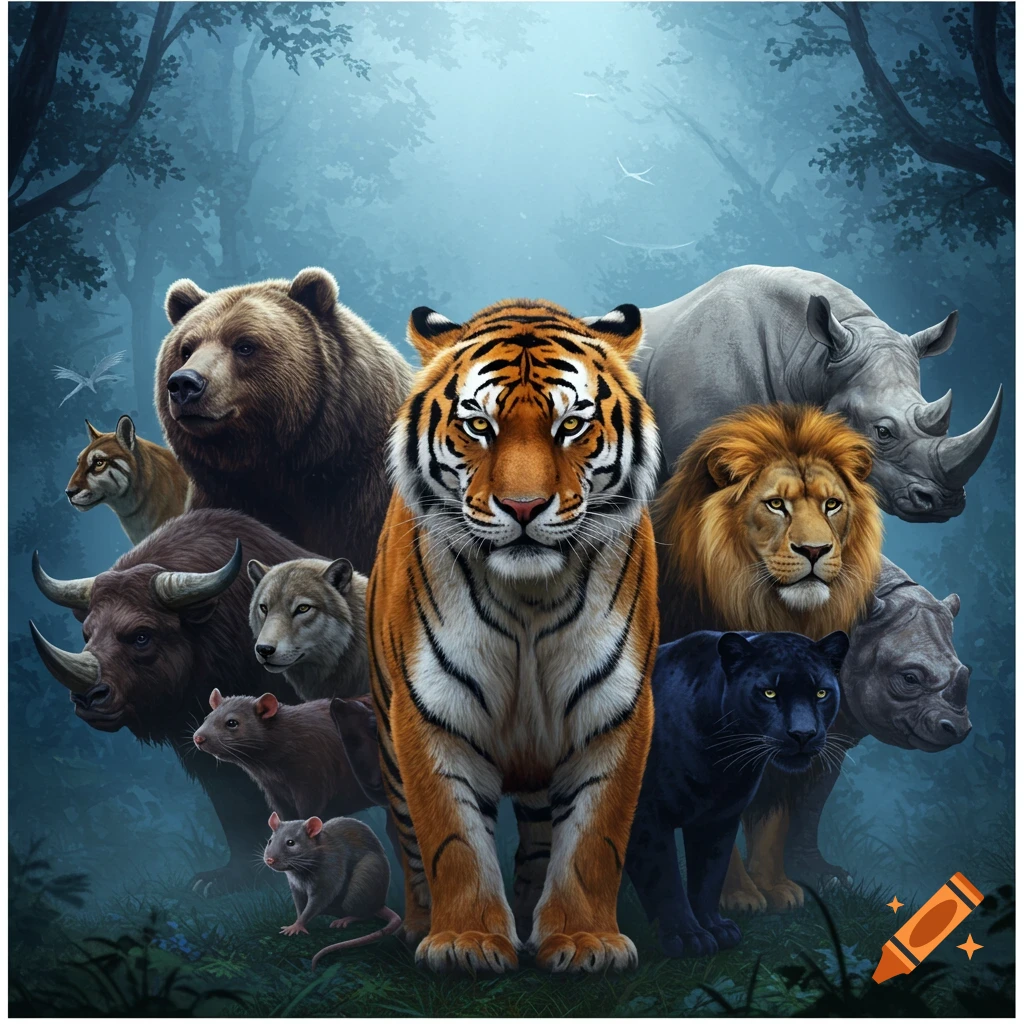 A collage of big cats, including a snow leopard, black panther, cheetah ...