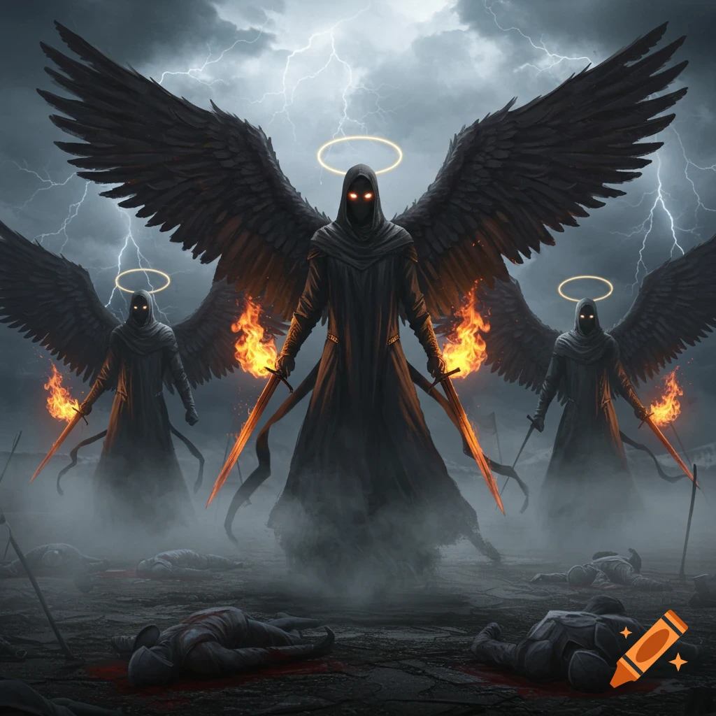 Three dark-cloaked angel warriors with black wings, halos, and fiery ...