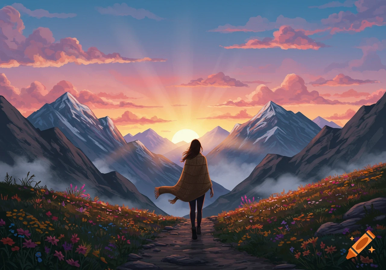 A person walks along a path towards a bright sunset over mountains ...
