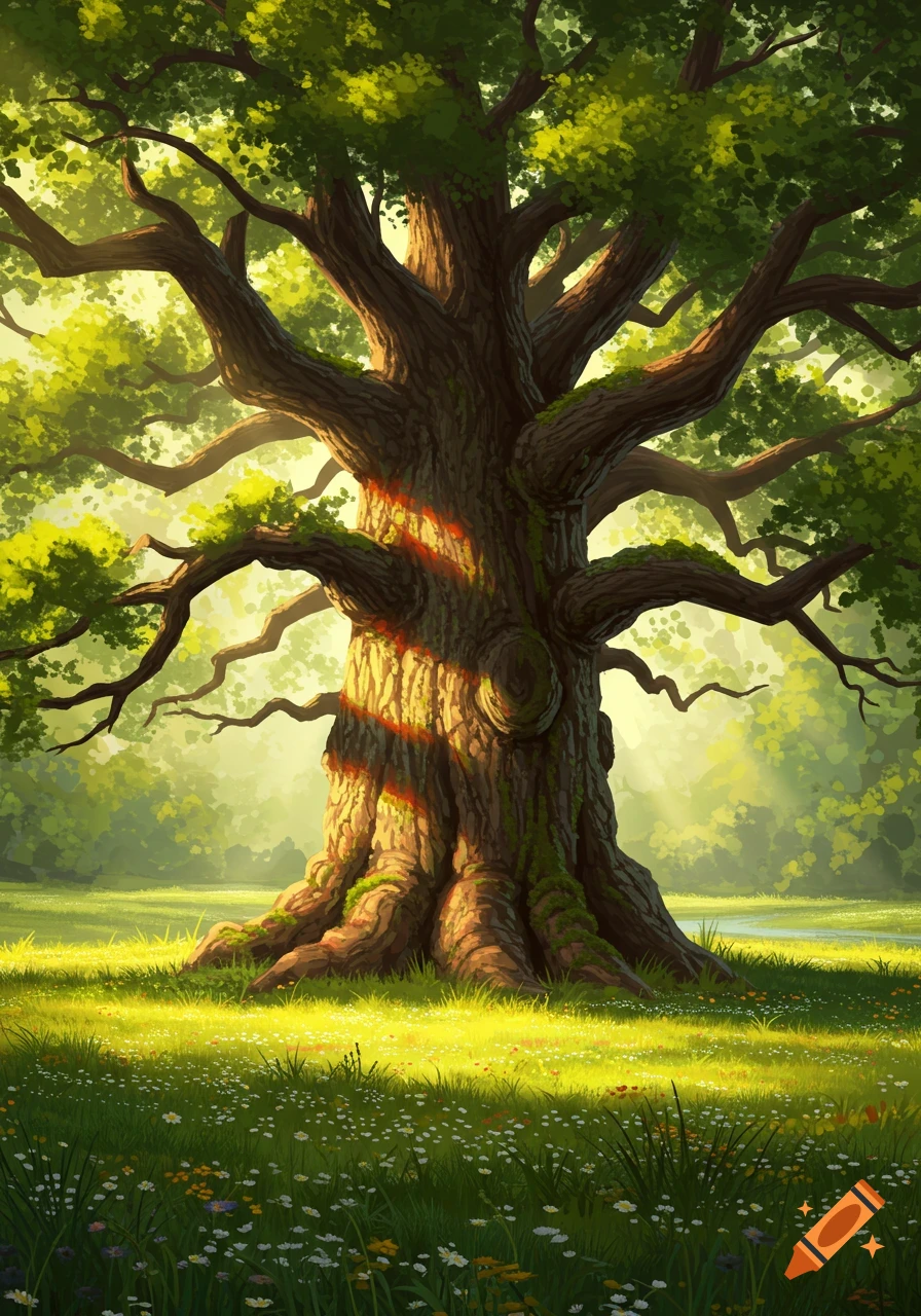 A large, ancient-looking tree with extensive exposed roots reaching ...