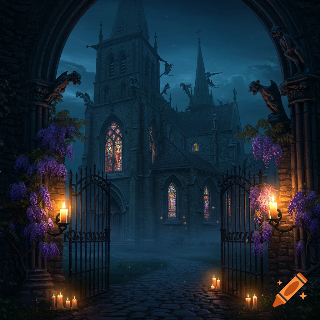 A gothic church at night, with glowing stained glass windows, seen ...