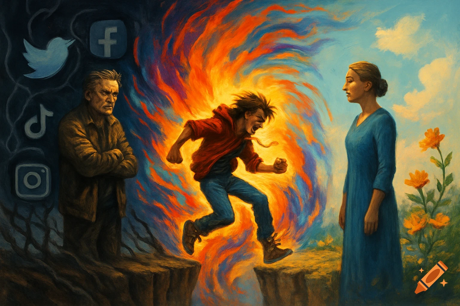 A dramatic painting shows an angry child surrounded by fire leaping ...