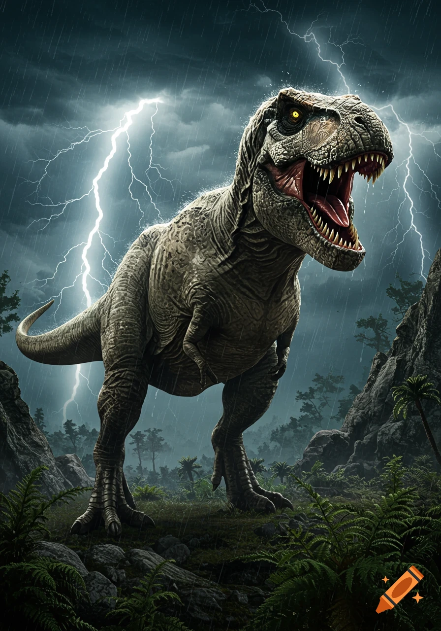 A giant Tyrannosaurus Rex roars at a tiny person running in a fiery ...
