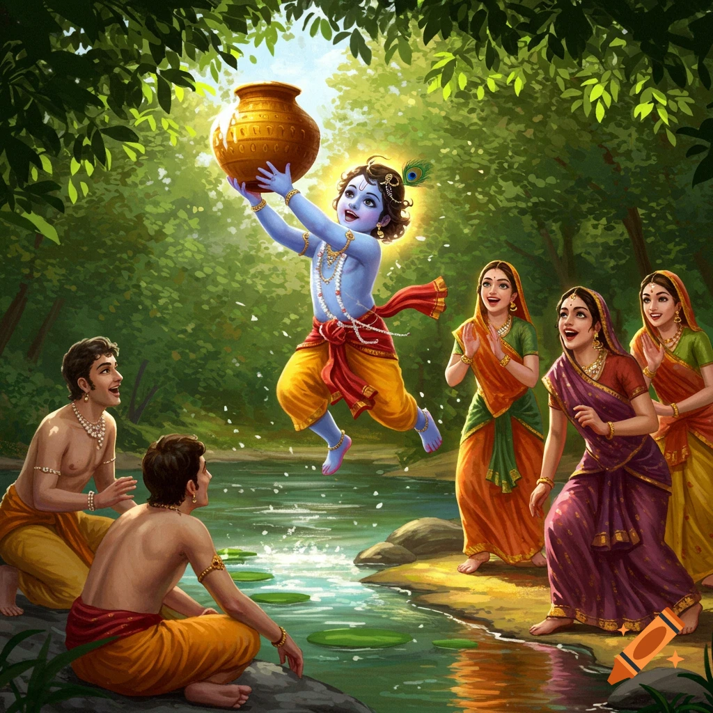 Blue-skinned child Krishna leaps with a butter pot over a river, with ...