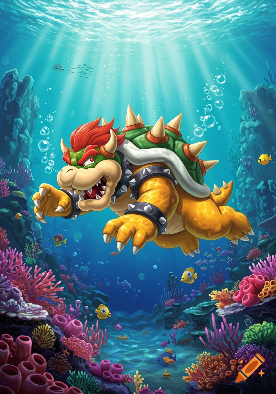 Illustration of Bowser swimming underwater in a vibrant coral reef with ...